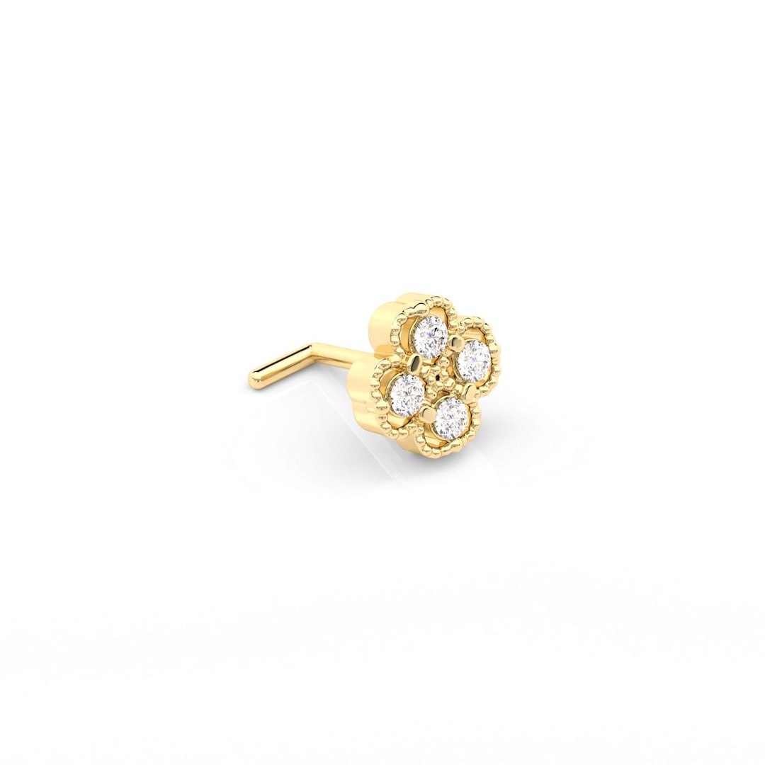 14K Gold Diamond Nose Ring, Nose Stud Set With Four Genuine Diamonds ...