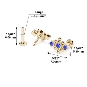 Sapphire Statement Stud Earring, 14K Solid Gold Labret Stud, Flat Back Stud, Helix Stud ...