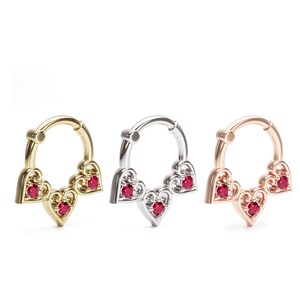 Ruby Heart Septum Ring, 14K Gold Heart Septum Hoop, 16g Septum Ring ...