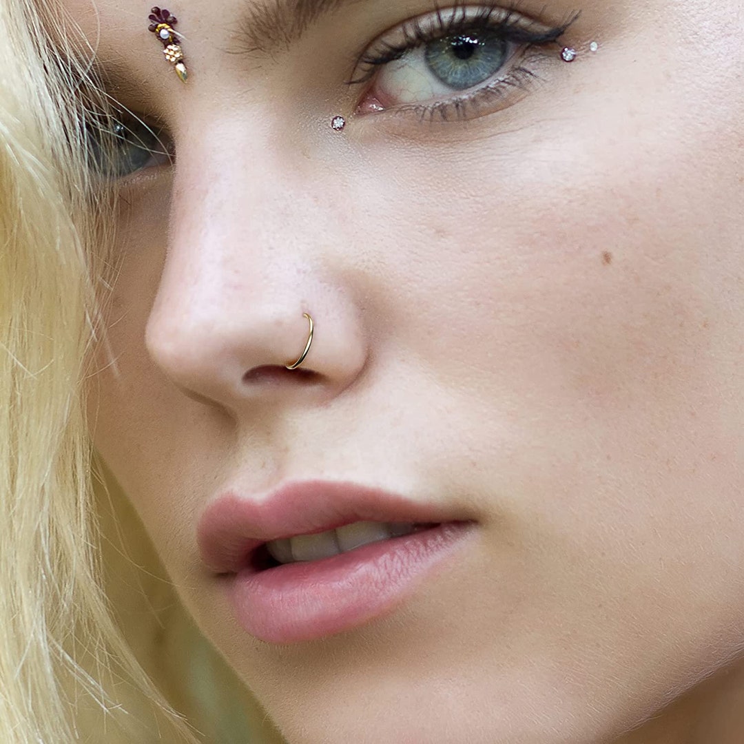 14K Solid Gold Nose Ring, 20g Nose Hoop, Snug Fit 20 Gauge Nose Hoop ...
