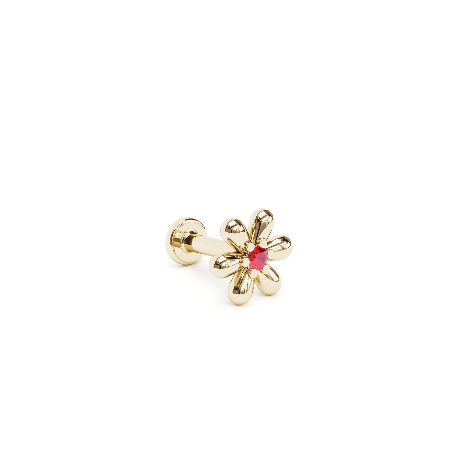 Red Ruby Flower Stud, Cartilage Stud Earring, Helix Piercing, 14K Gold ...