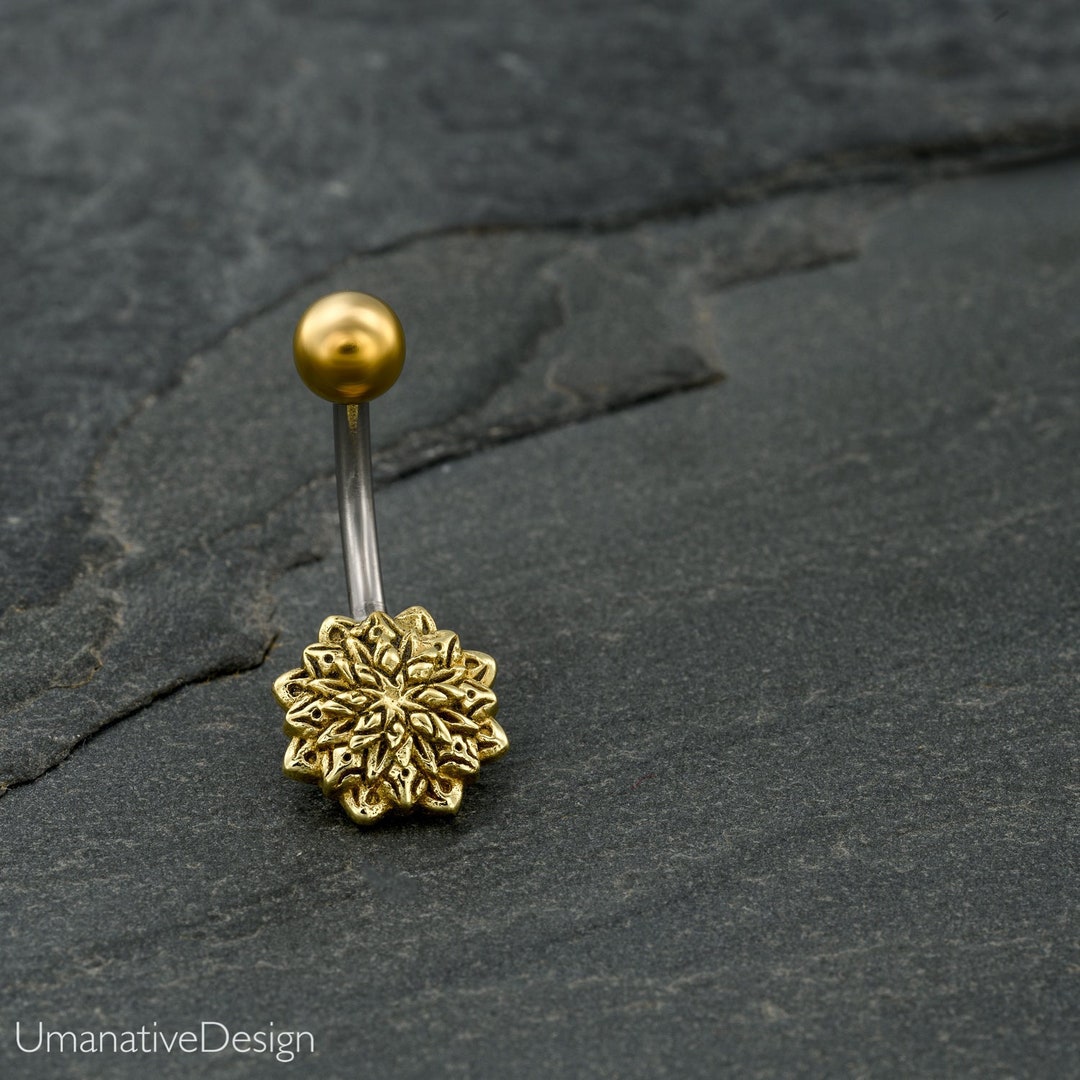 Tribal Belly Bar, Navel Ring, Gold Belly Bar, Flower Mandala Belly ...