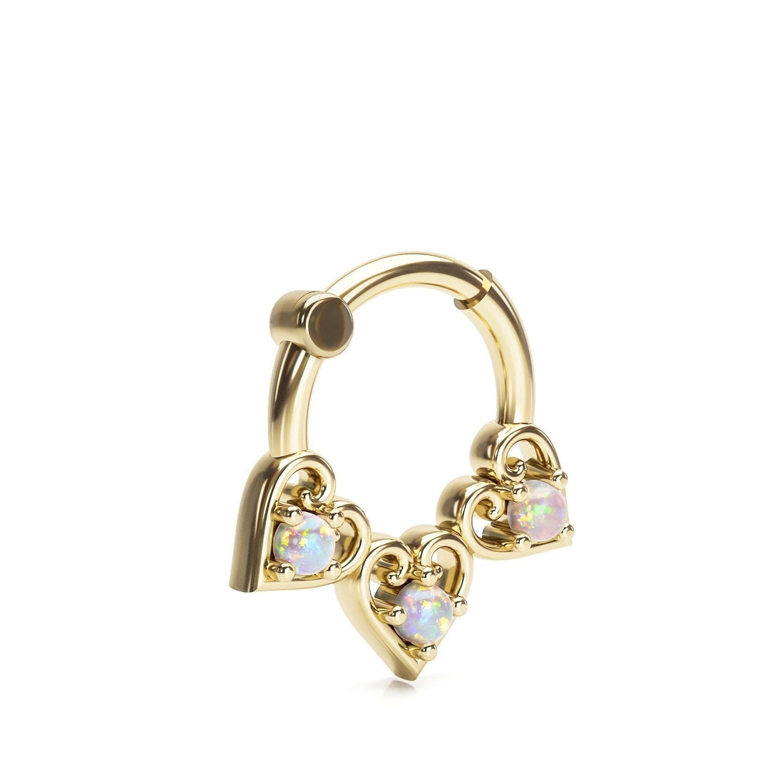 Opal Septum Ring, 14K Gold Heart Septum Hoop, Clicker Septum Ring ...