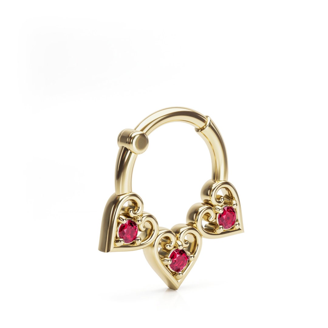 Ruby Heart Septum Ring, 14K Gold Heart Septum Hoop, 16g Septum Ring ...