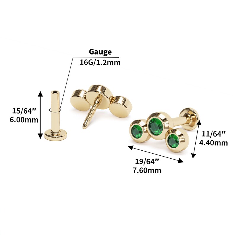 Bezel Set Emerald Helix Stud, Trinity Emerald Stud, 14K Gold Labret ...