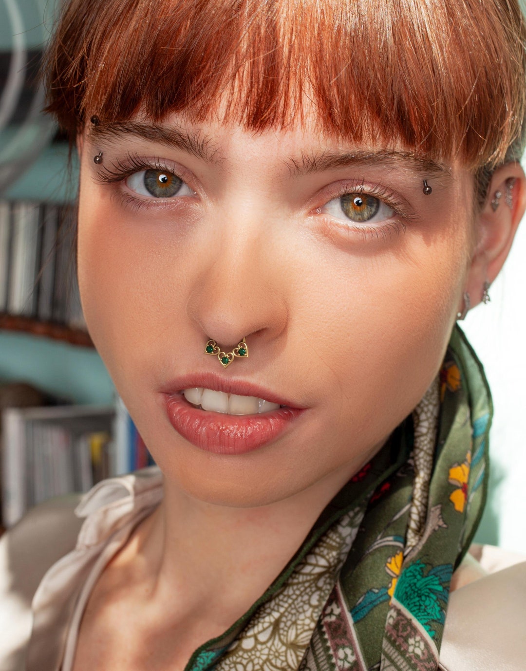 Emerald Septum Jewelry, Cute Heart Septum Ring, 14K Gold Septum Hoop ...