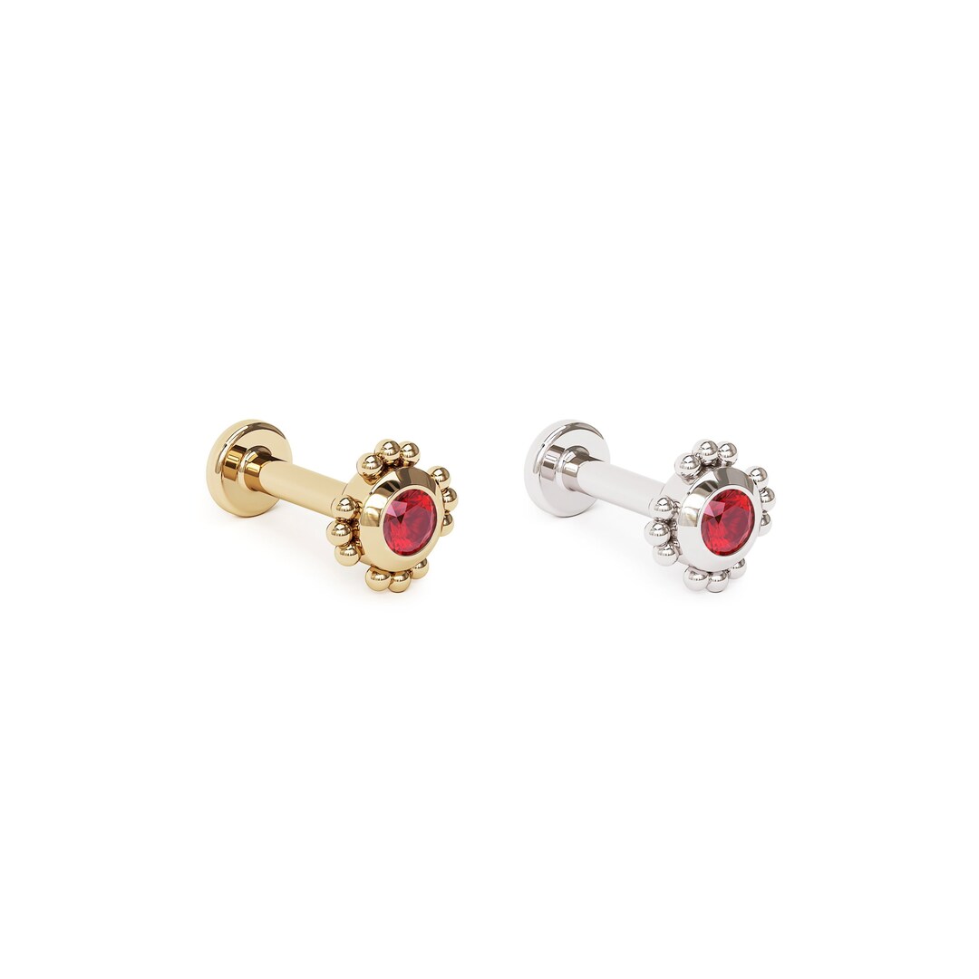 Tiny 14K Gold Ruby Round-cut Cartilage Stud, Ruby Labret Stud ...