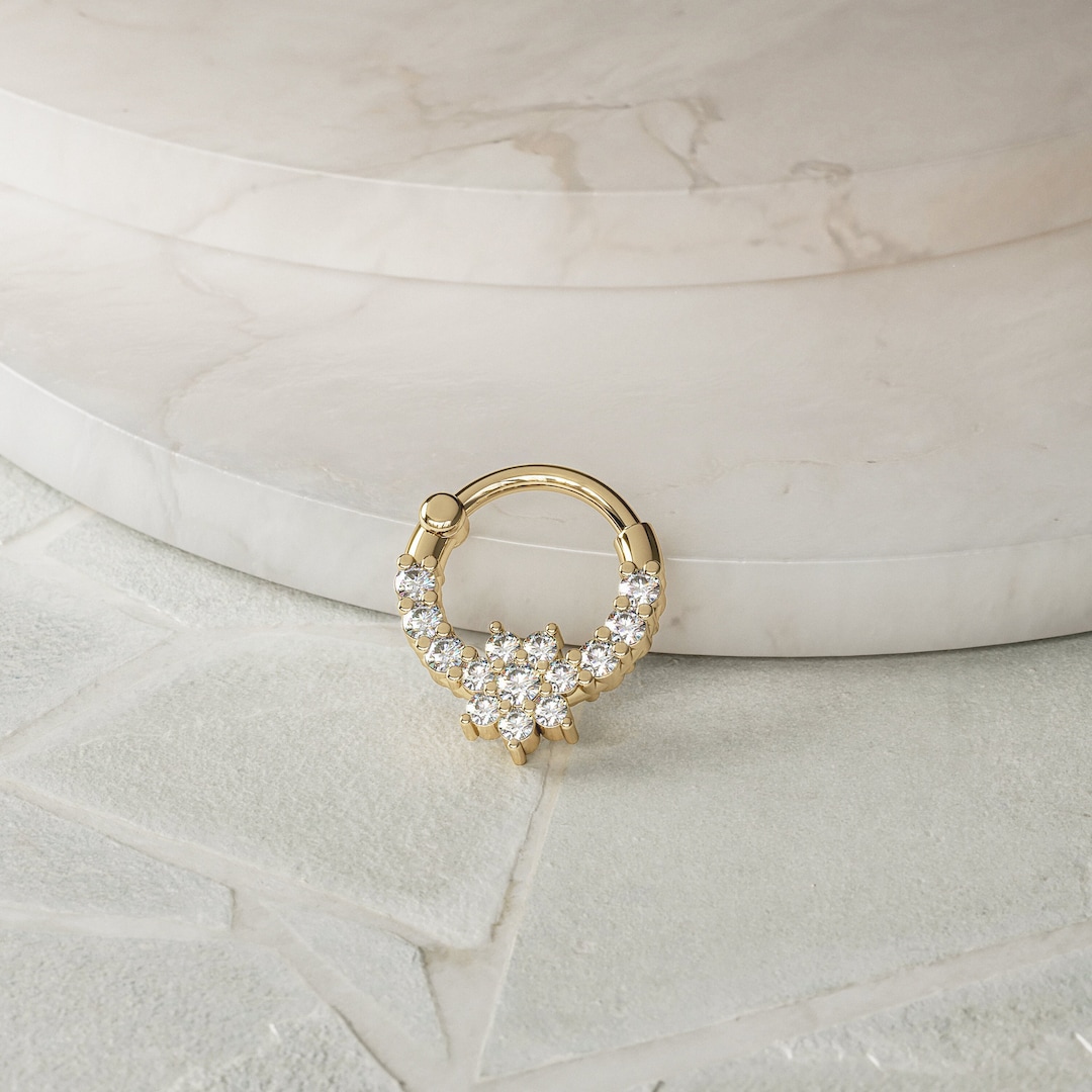 14K Gold Septum Ring, Flower Septum Clicker, Genuine Diamond Septum ...