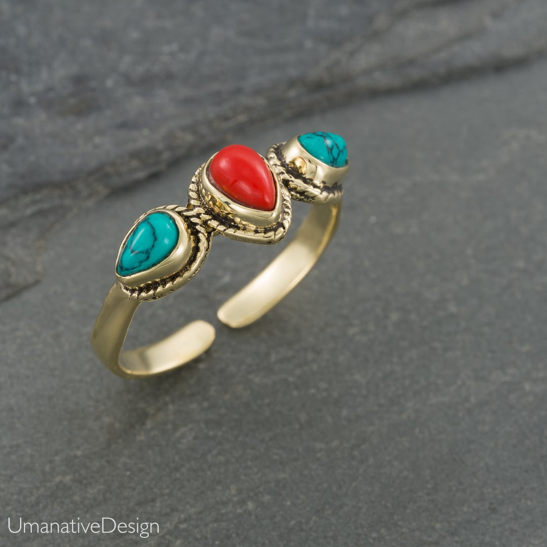Coral Turquoise Oval Gemstone Ring. Red Coral Turquoise Ring. Gold Ring ...