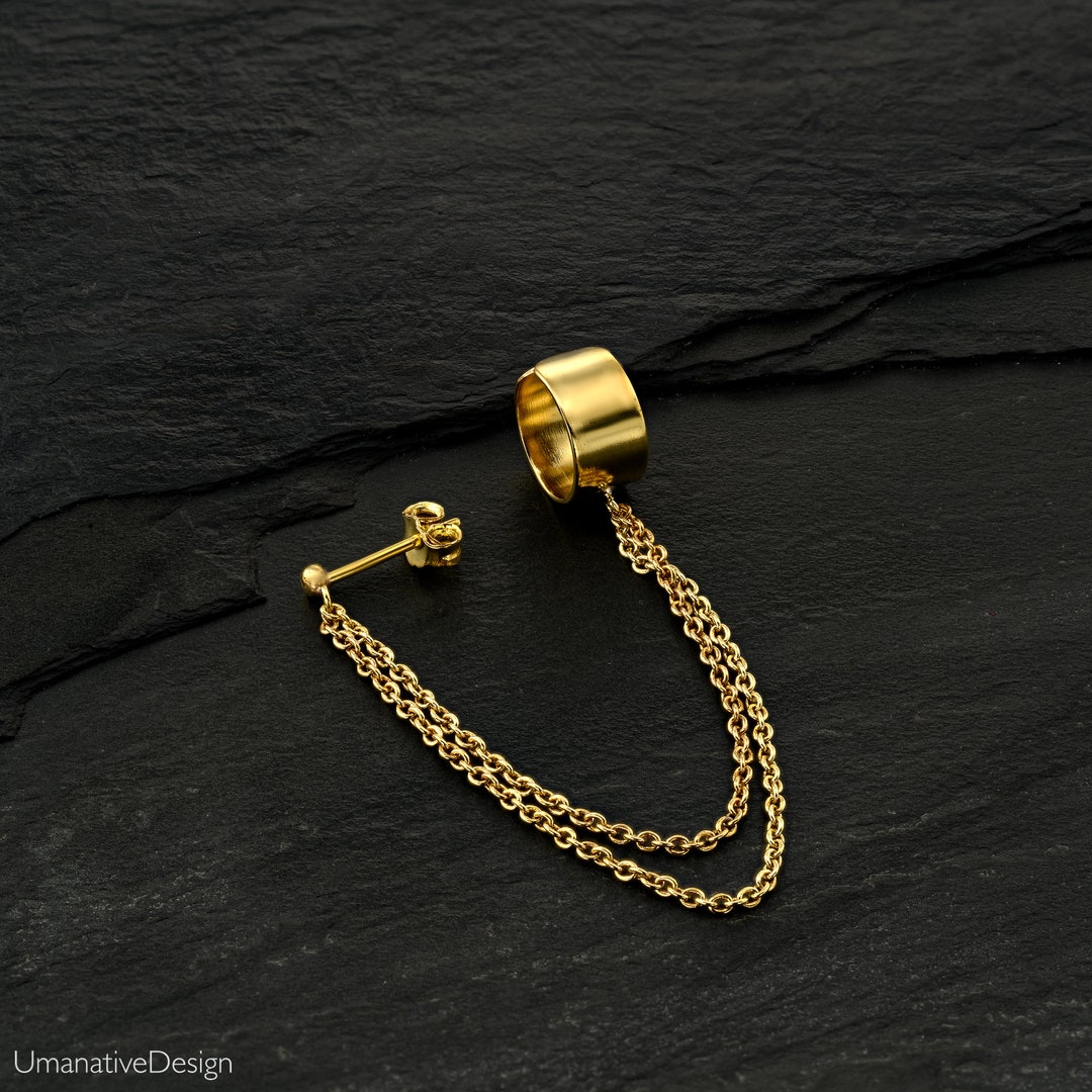 Gold Ear Cuff Earring Double Chain, Ear Cuff Chain, Double Chain Ear ...