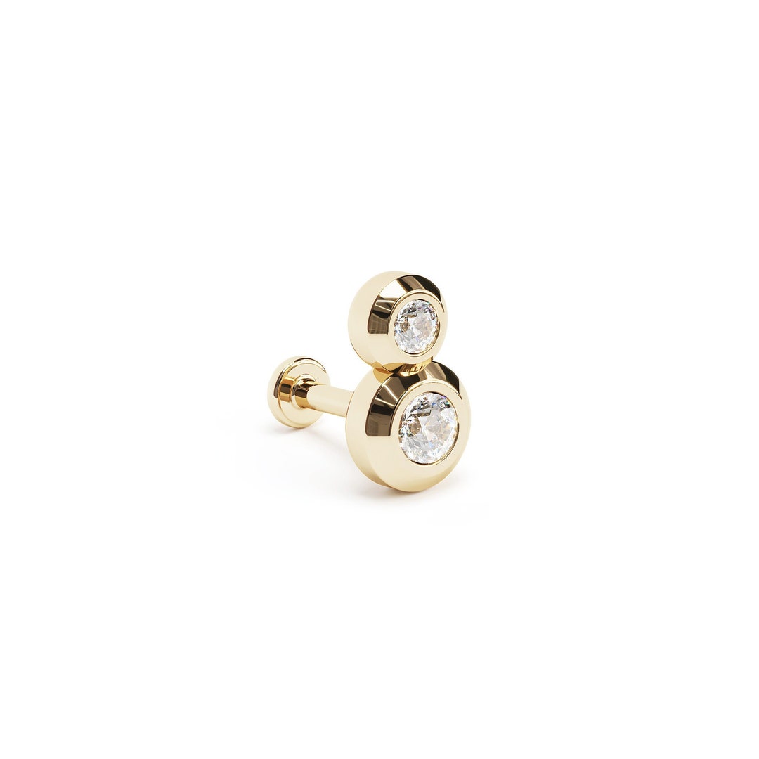 Bezel Set Duo Diamond Helix Stud, Double Diamond Stud, 14K Gold Labret ...