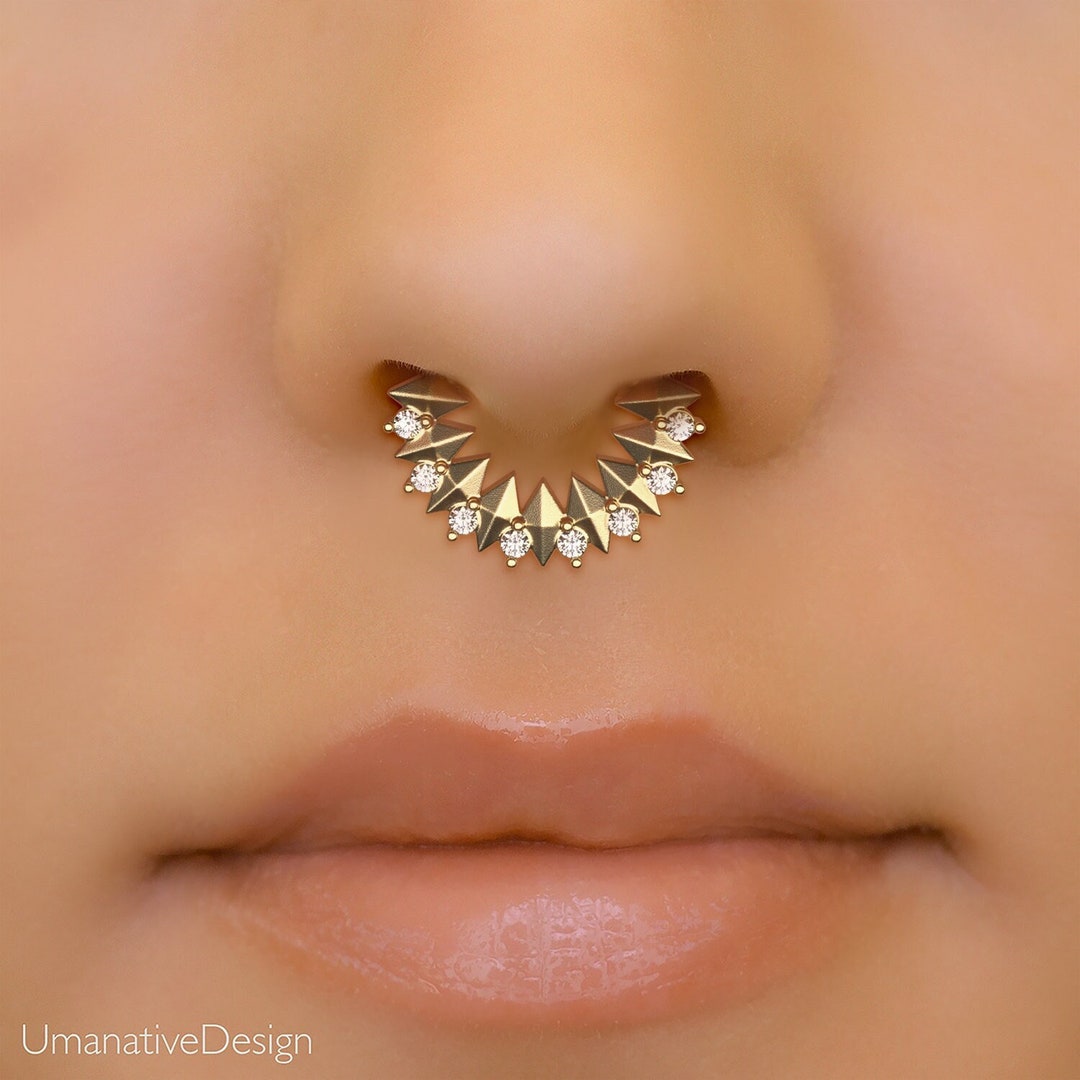 Solid Gold Septum Ring With Genuine White Diamonds, Spiky Septum ...