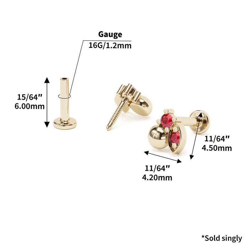 14K Solid Gold Ruby Helix Earring, Cartilage Piercing, Multi Shape Stud ...