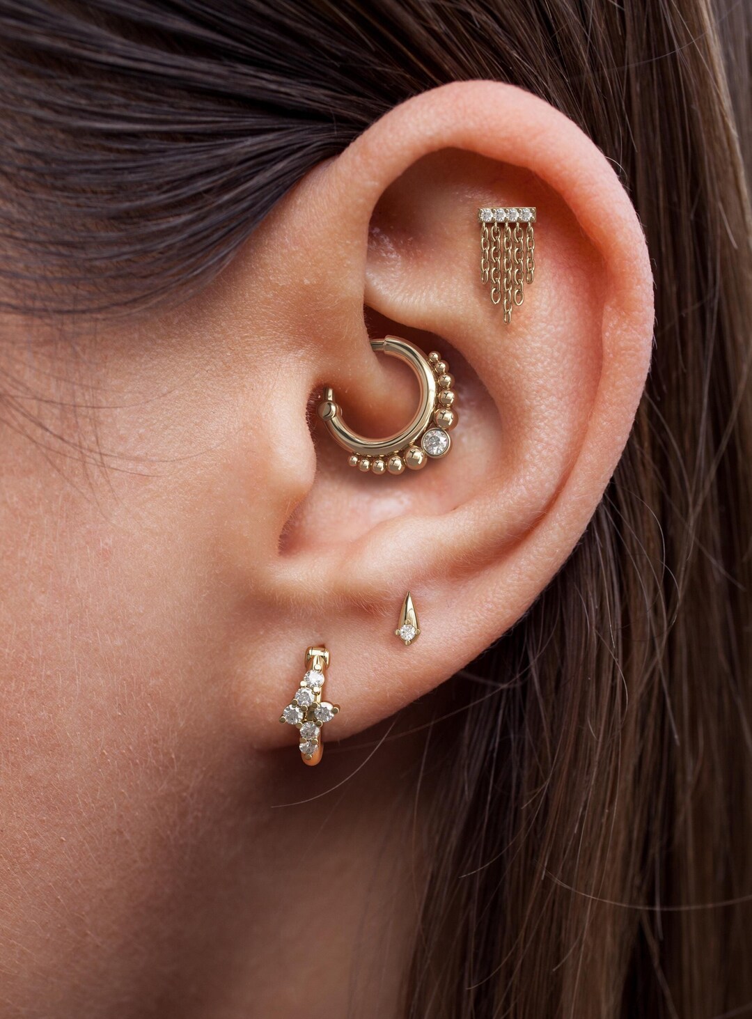 Diamond Bar Stud, Chain Dangle Stud, 14K Gold Labret Internally ...