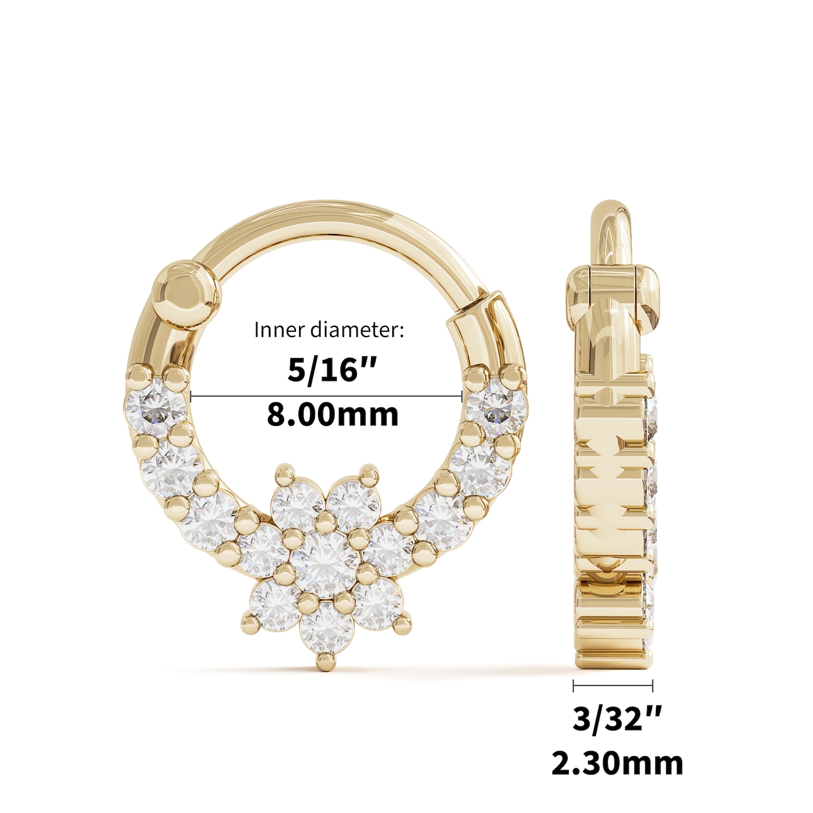 14K Gold Septum Ring, Flower Septum Clicker, Genuine Diamond Septum ...