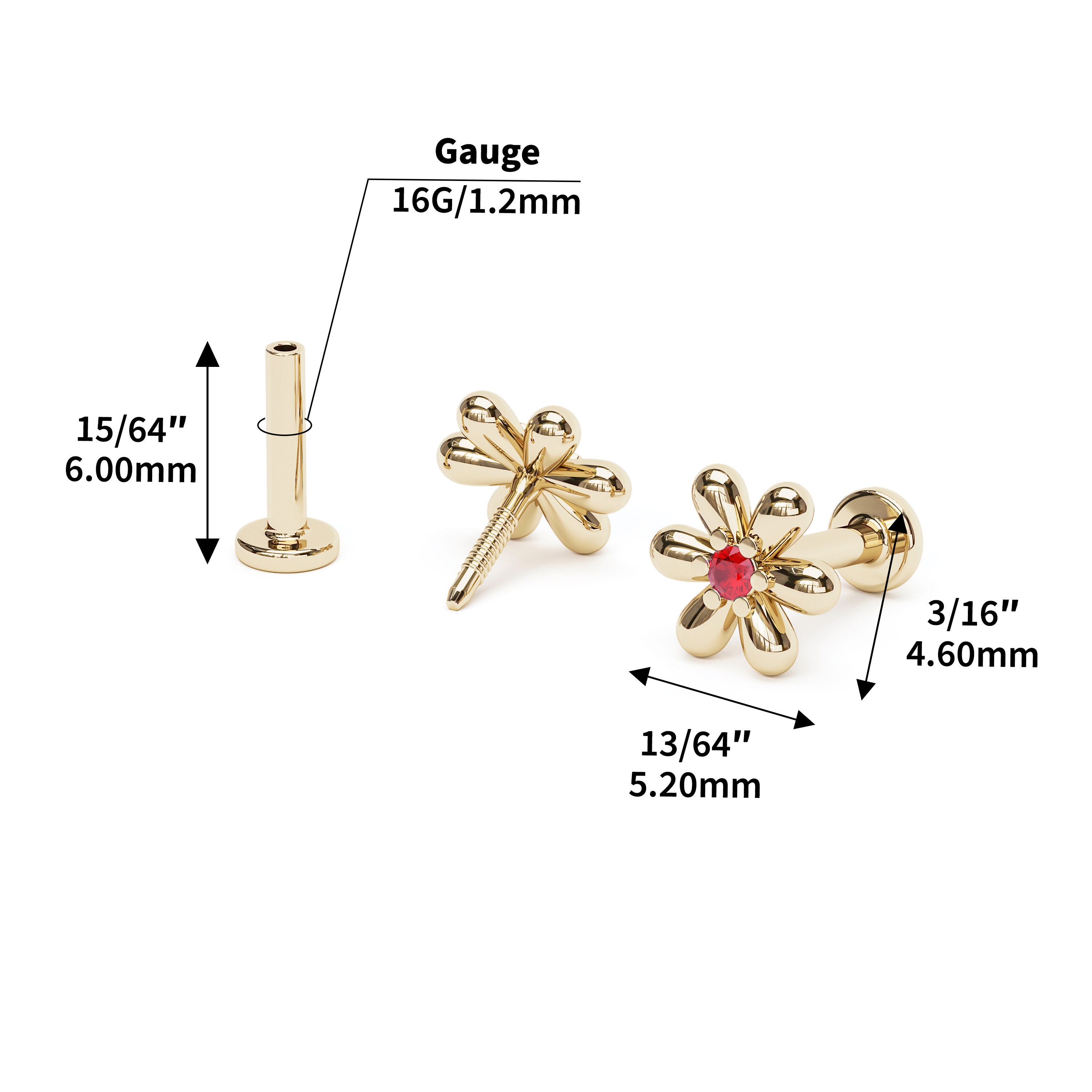Red Ruby Flower Stud, Cartilage Stud Earring, Helix Piercing, 14K Gold ...