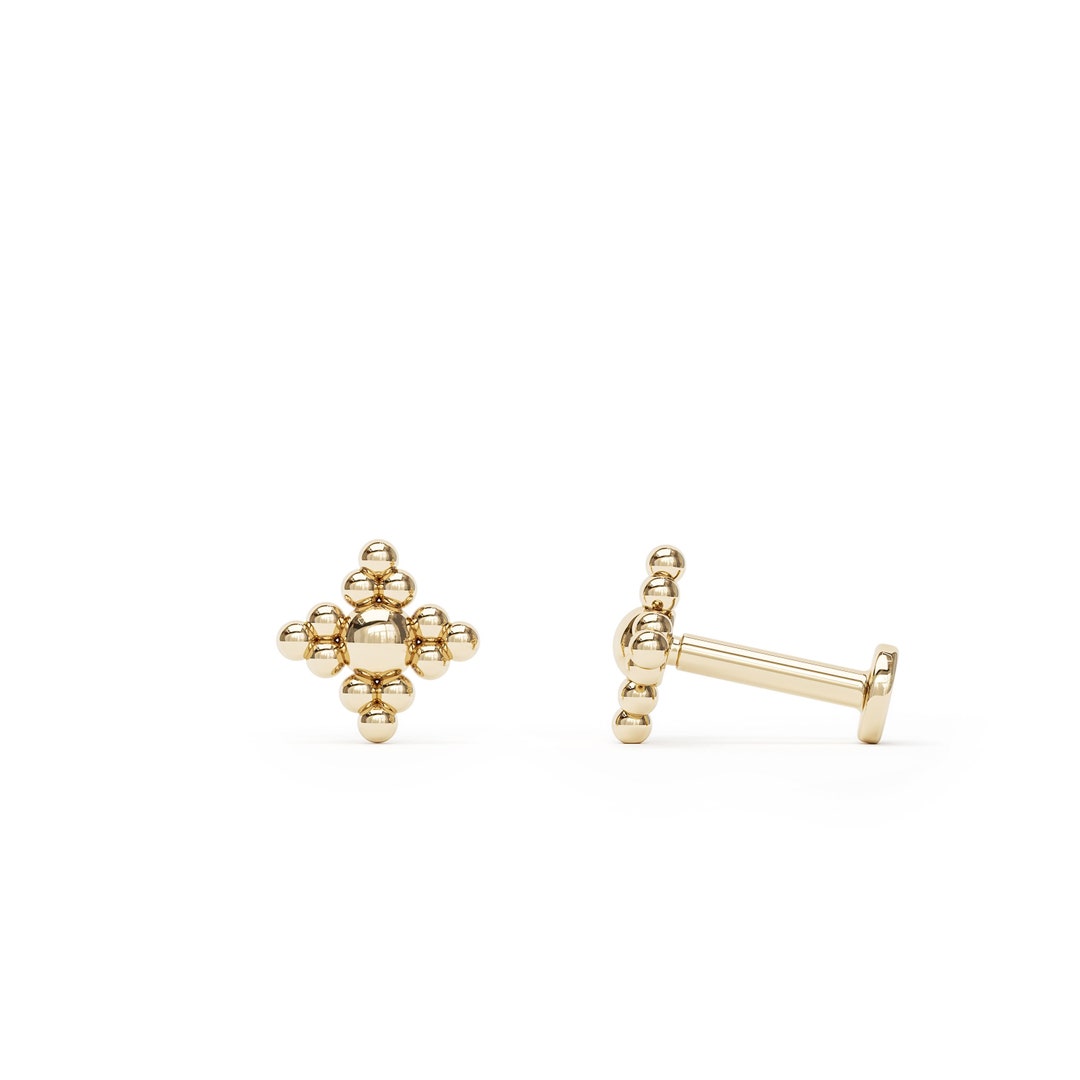 14K Solid Gold Labret Piercing, Cartilage Stud Earring, Granule Beaded ...