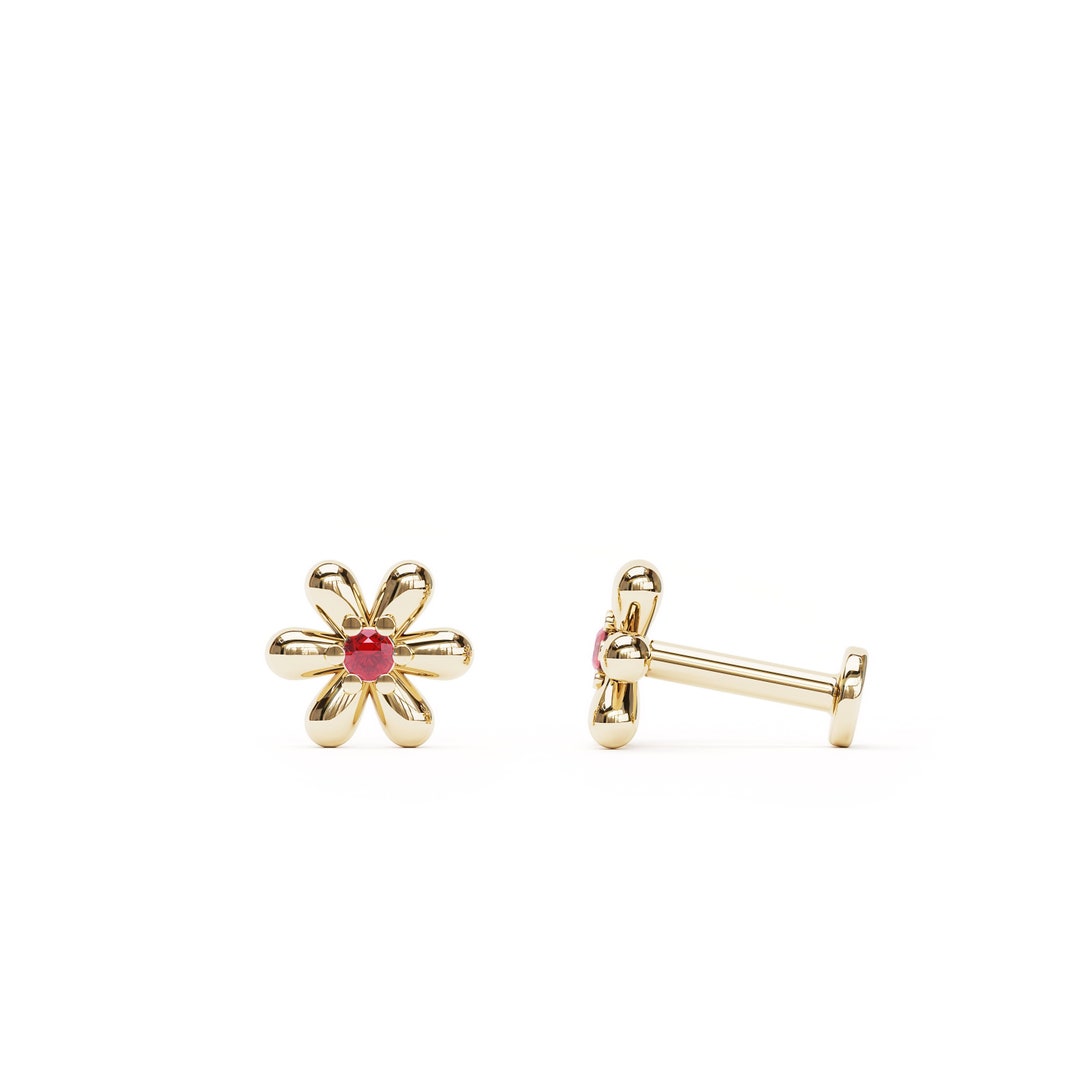 Red Ruby Flower Stud, Cartilage Stud Earring, Helix Piercing, 14K Gold ...