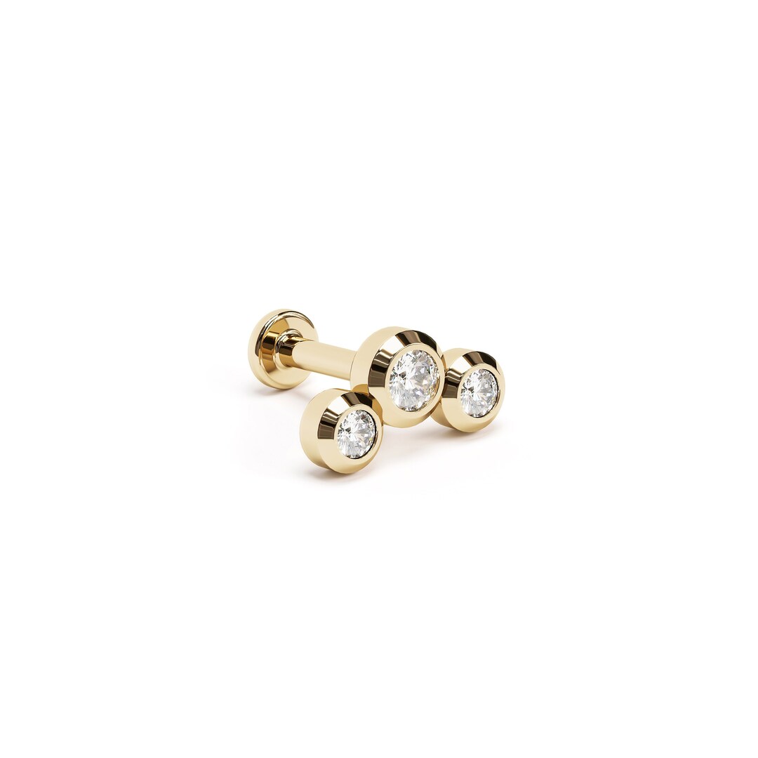Bezel Set Diamond Helix Stud, Trinity Diamond Stud, 14K Gold Labret ...