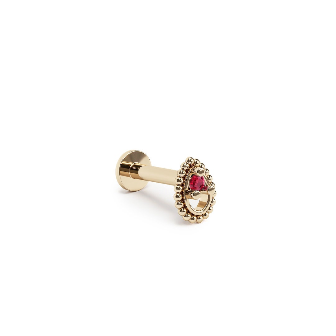 14K Gold Ruby Labret Stud, Gold Beaded Stud, Internally Threaded, Ruby ...