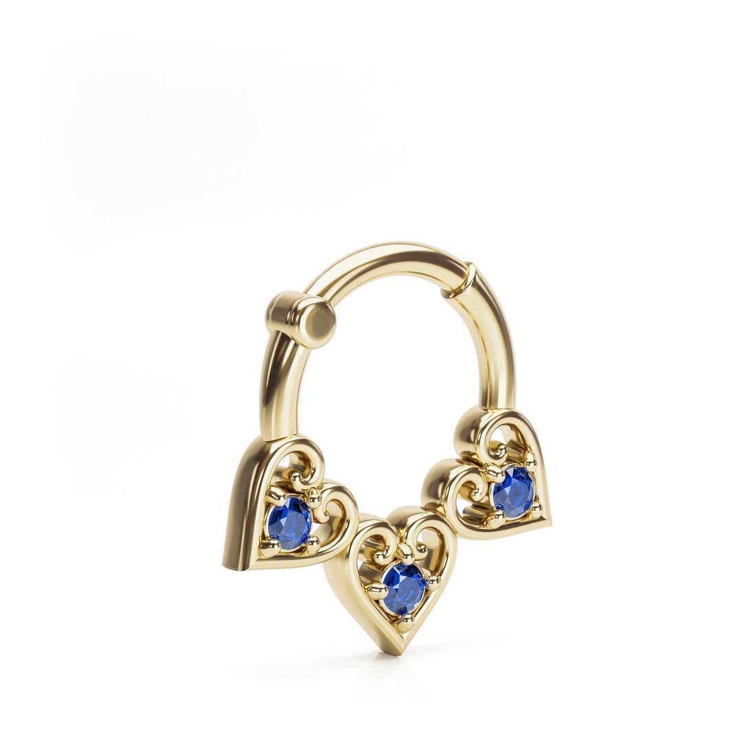 Septum Clicker, Blue Sapphire Septum Ring, 14K Gold Heart Septum Hoop ...