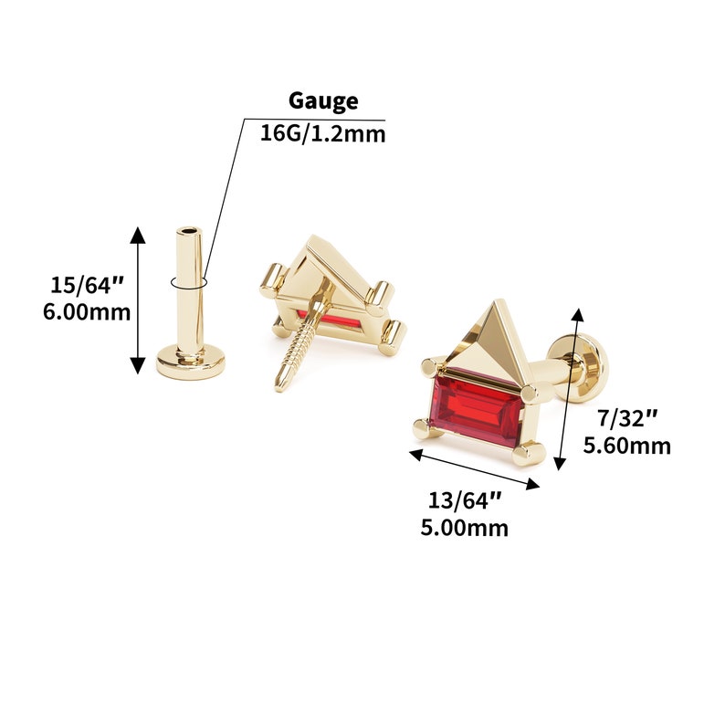 Baguette Ruby Piercing, 14K Solid Gold Cartilage Ruby Piercing, 14K ...