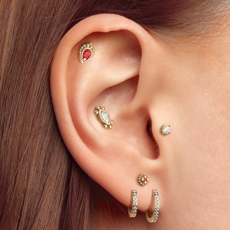 Teardrop Ruby Cartilage Piercing Jewelry 14K Solid Gold, 16G Gold ...
