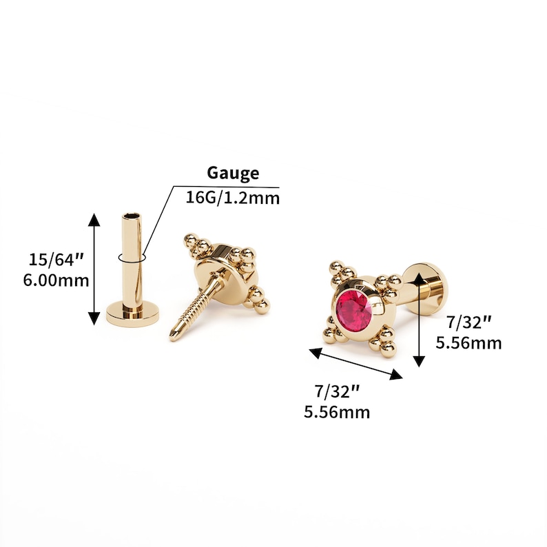 14K Solid Gold Ruby Labret Piercing (single), 2mm Ruby Stud Earring ...