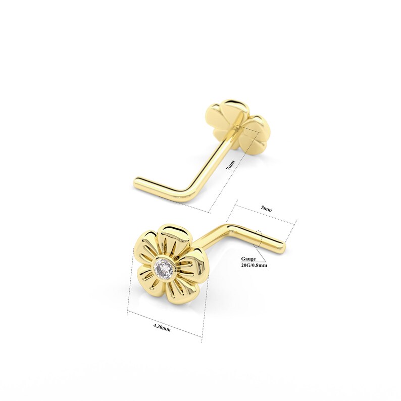 Nose Stud L Shape, Flower Nose Ring Stud, 14K Gold Nose Stud, Tiny ...