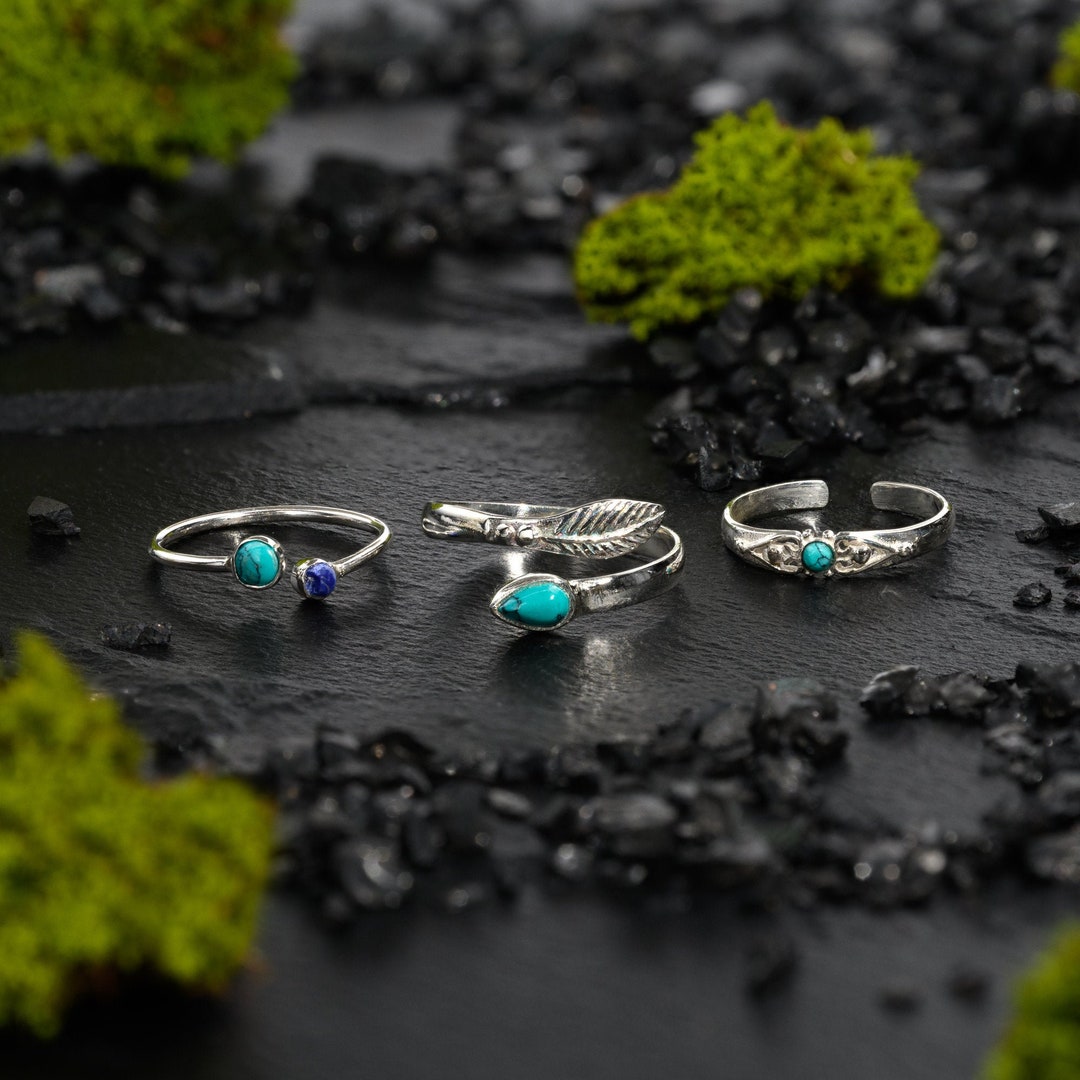 Set of 3 Silver Turquoise Toe Rings, Silver Toe Rings, Turquoise Toe ...