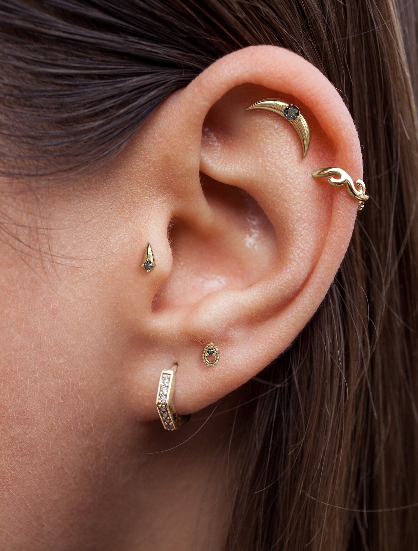 14K Gold Diamond Crescent Moon Helix Stud, Curved Helix Labret Stud ...