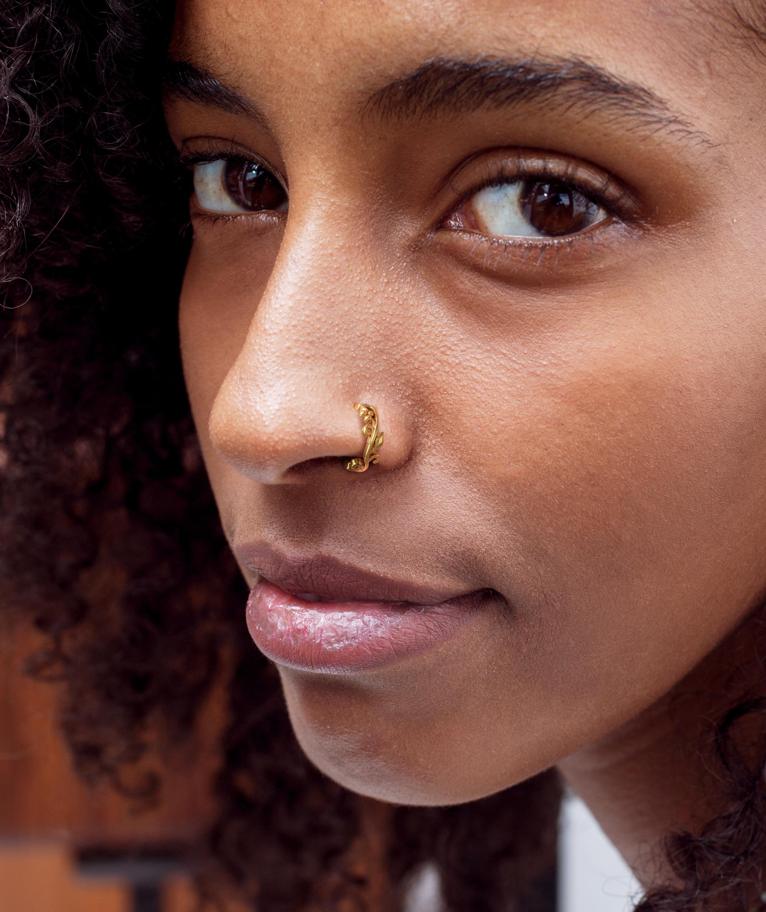 Nose Ring Hoop Gold, Leaf Clicker Nose Ring, Nose Piercing, 18K Gold ...