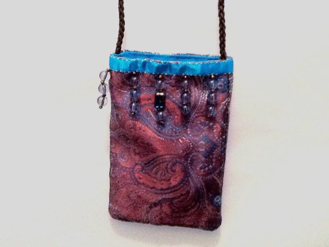 Small Hand-beaded Purse---brown/turquiose Swirl Print W/ Satin Ribbon ...