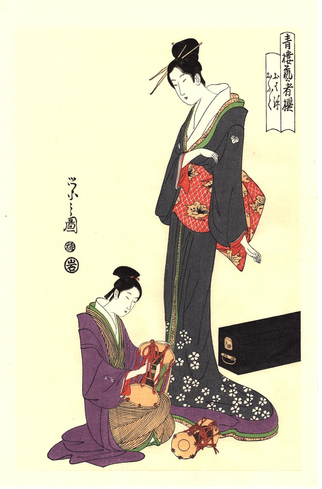 Japanese Ukiyoe, Woodblock Print, Eishi, "three Courtesans Playing ...