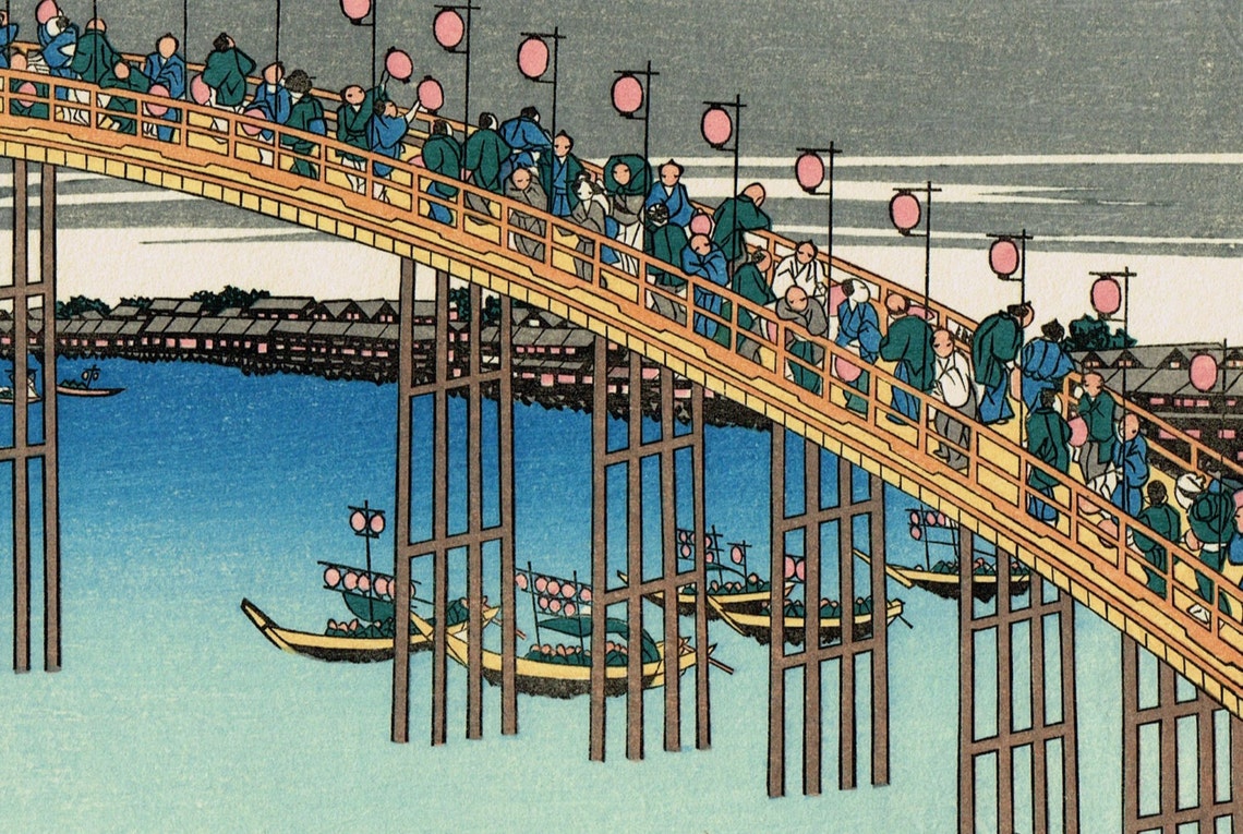 Japanese Ukiyo-e Woodblock Print, Hokusai, "the Tenman Bridge in Settsu ...