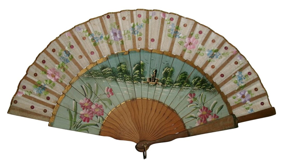 Edwardian PAINTED FAN With SEQUINS, Antique Hand Painted Wooden Fan ...