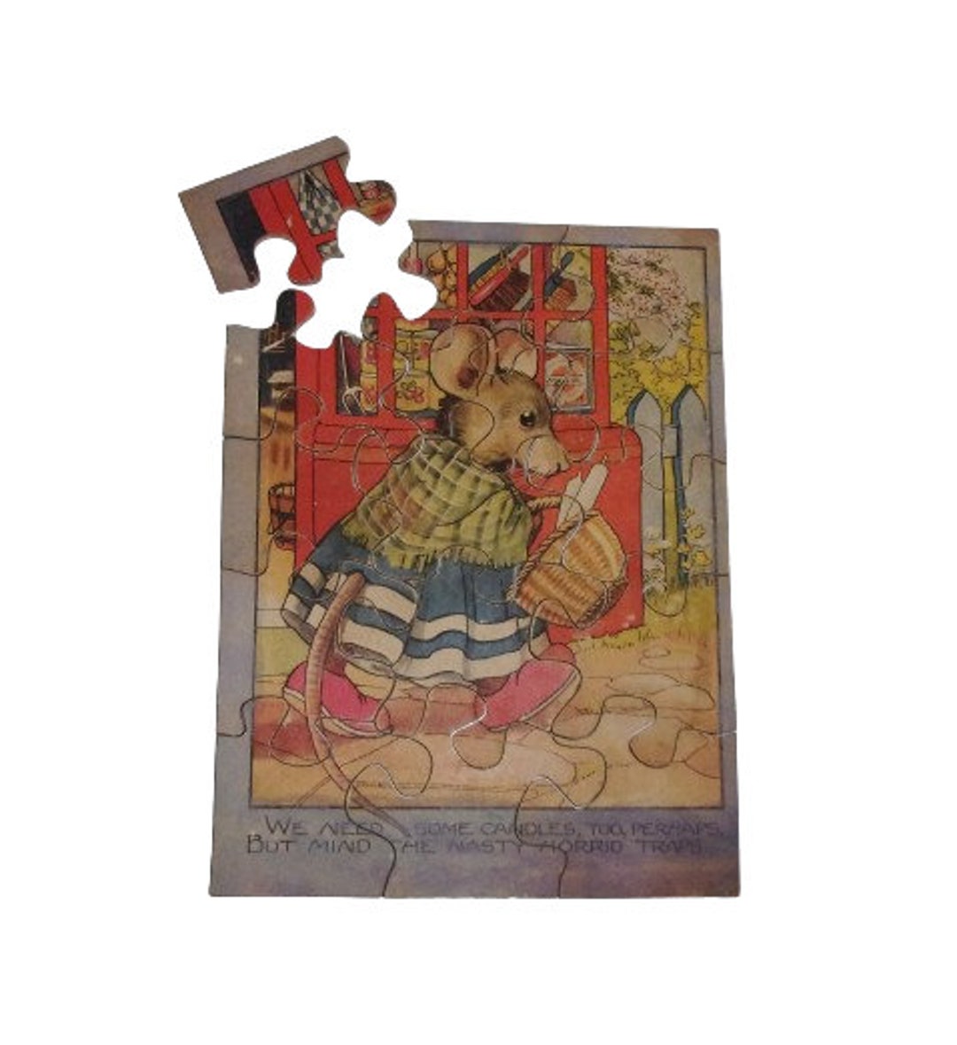 1930s MISS MOUSE Antique JIGSAW, Adorable Anthropomorphic Mouse Going Shopping Wooden 15 Piece ...