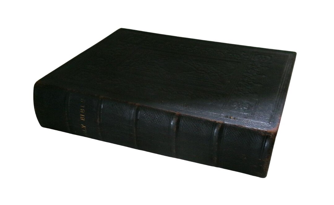 1874 HOLY BIBLE, Huge Leather Bound Gothic Boards Old & New Testaments ...