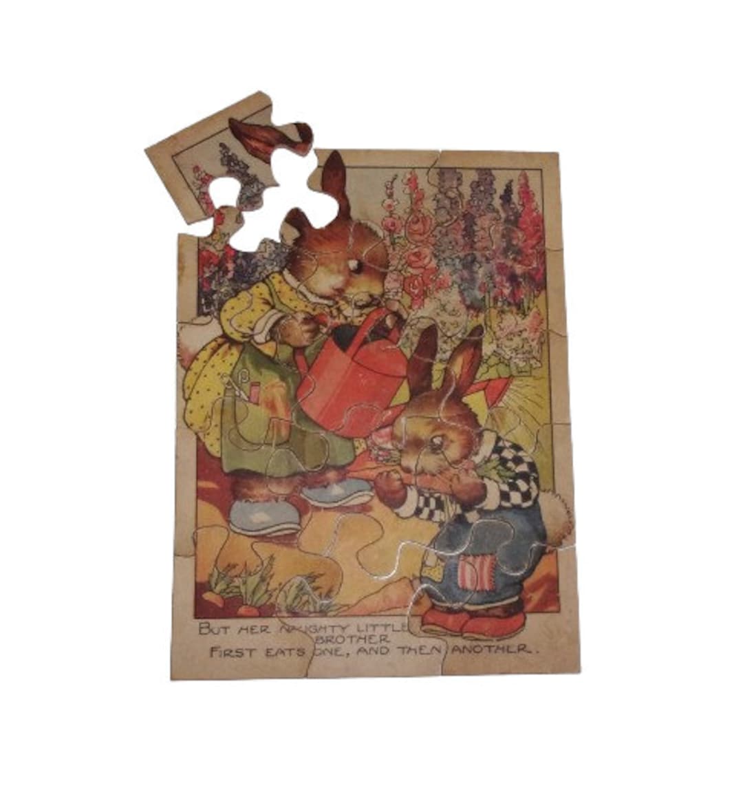 1930s BUNNY RABBITS Antique JIGSAW, Adorable Anthropomorphic Gardening ...
