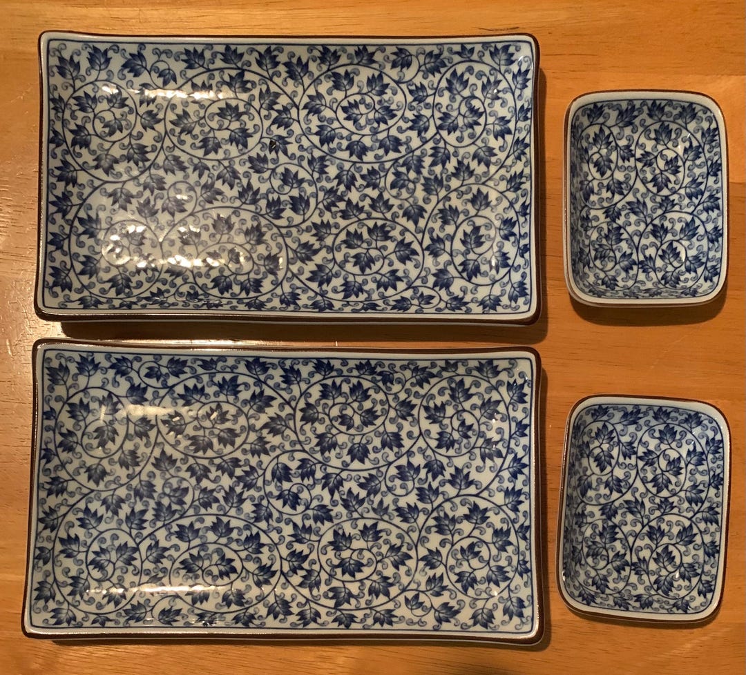 Vintage Delt Blue & White Asian Print Set of Two Small Rectangular Tray ...