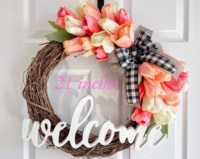Summer Wreath With Welcome Sign, Front Door Decor, Mothers Day Wreath ...