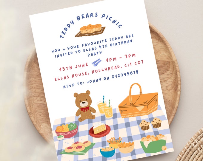 Vintage Teddy Bear Picnic Birthday Party Invite - Kids Teddy Party E ...