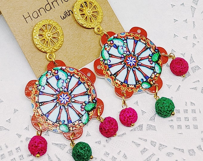 Sicilian Cart Wheel Earrings With Golden Color Studs and Lava Stone Red ...