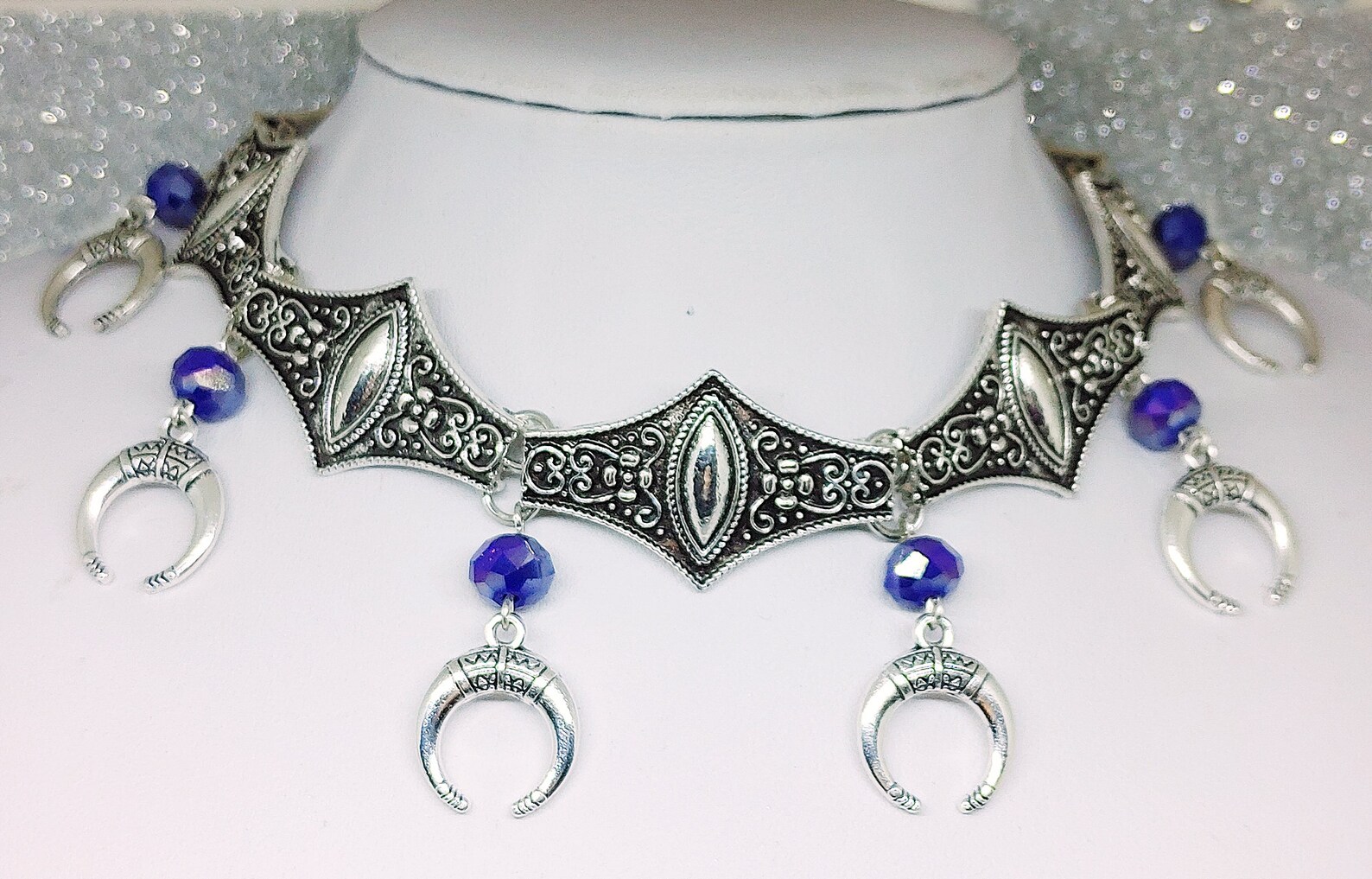 Victorian Gothic Metal Choker With Crescent Moon Charms and Bue Crystal ...