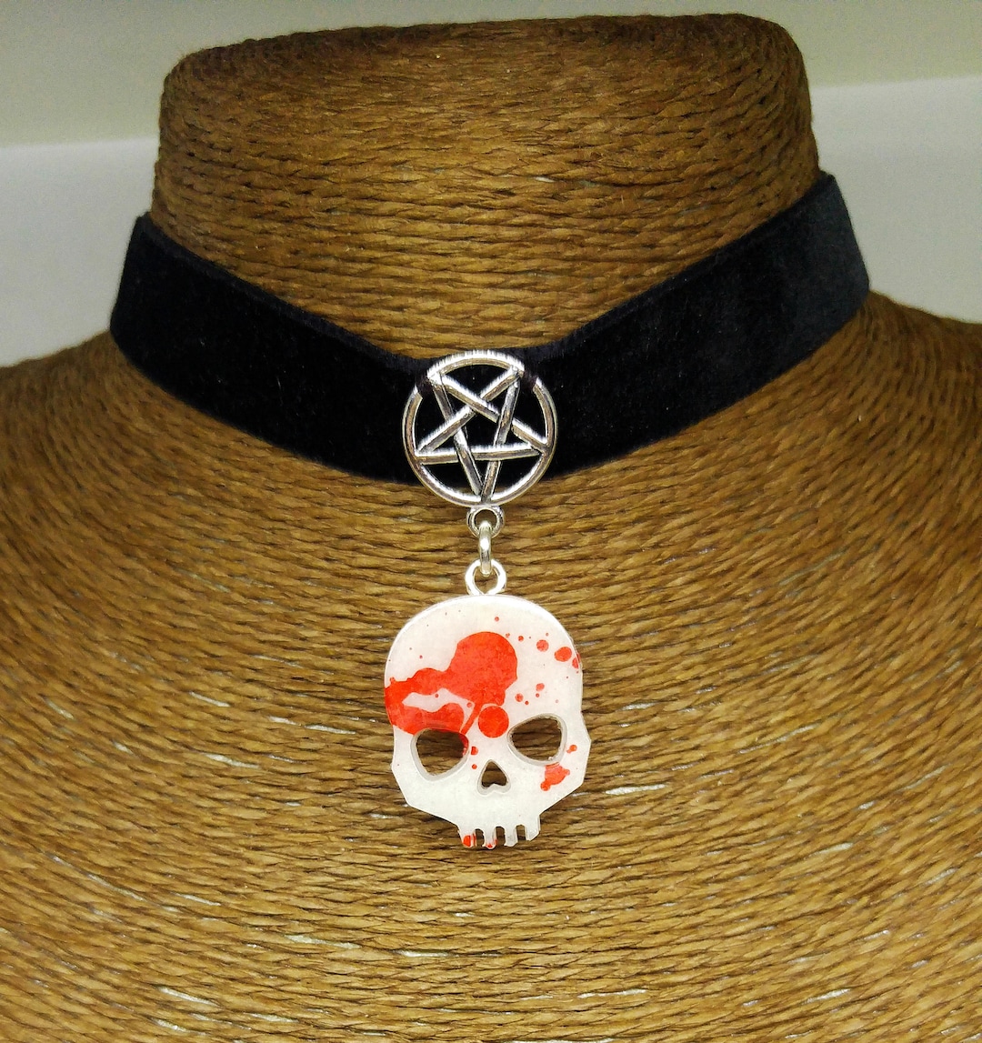 Creepy Cute Black Velvet Choker With Flat Resin Skull and Pentacle ...