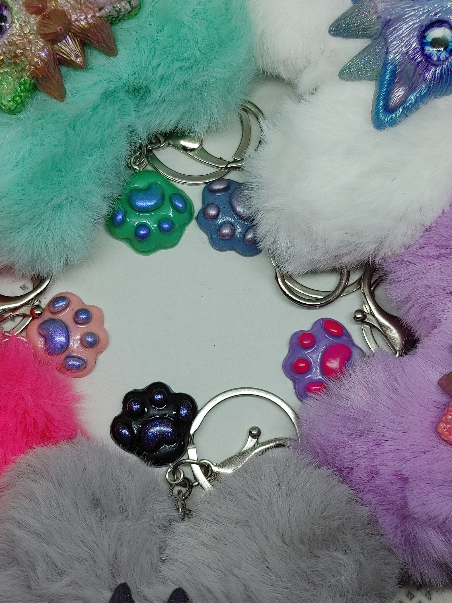 Demon Cat Faux Fur Pom Pom Keychains, Cat With Horns and Three Eyes ...