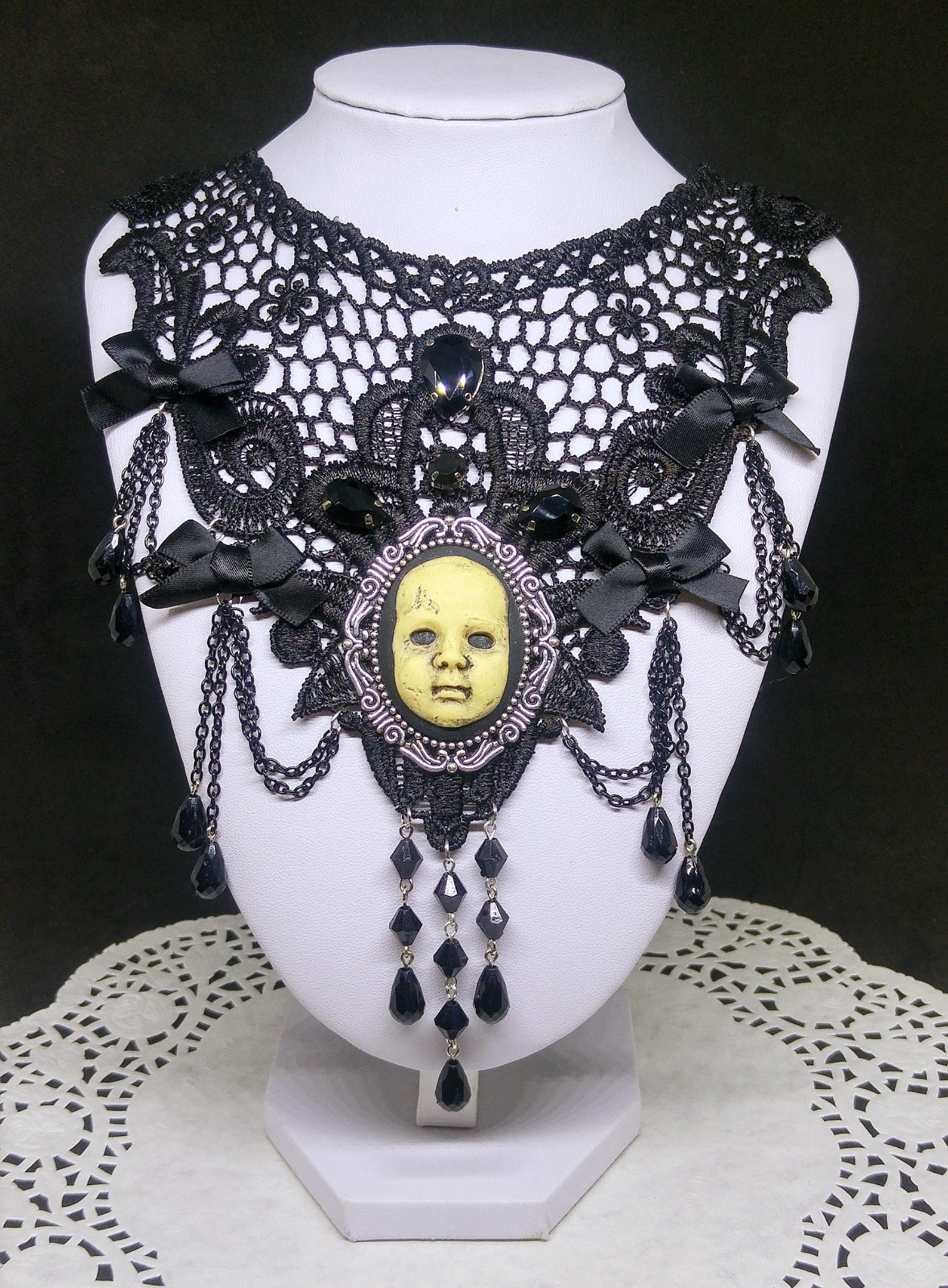 Victorian Gothic Black Lace Choker With Scary Doll Face Cameo - Etsy