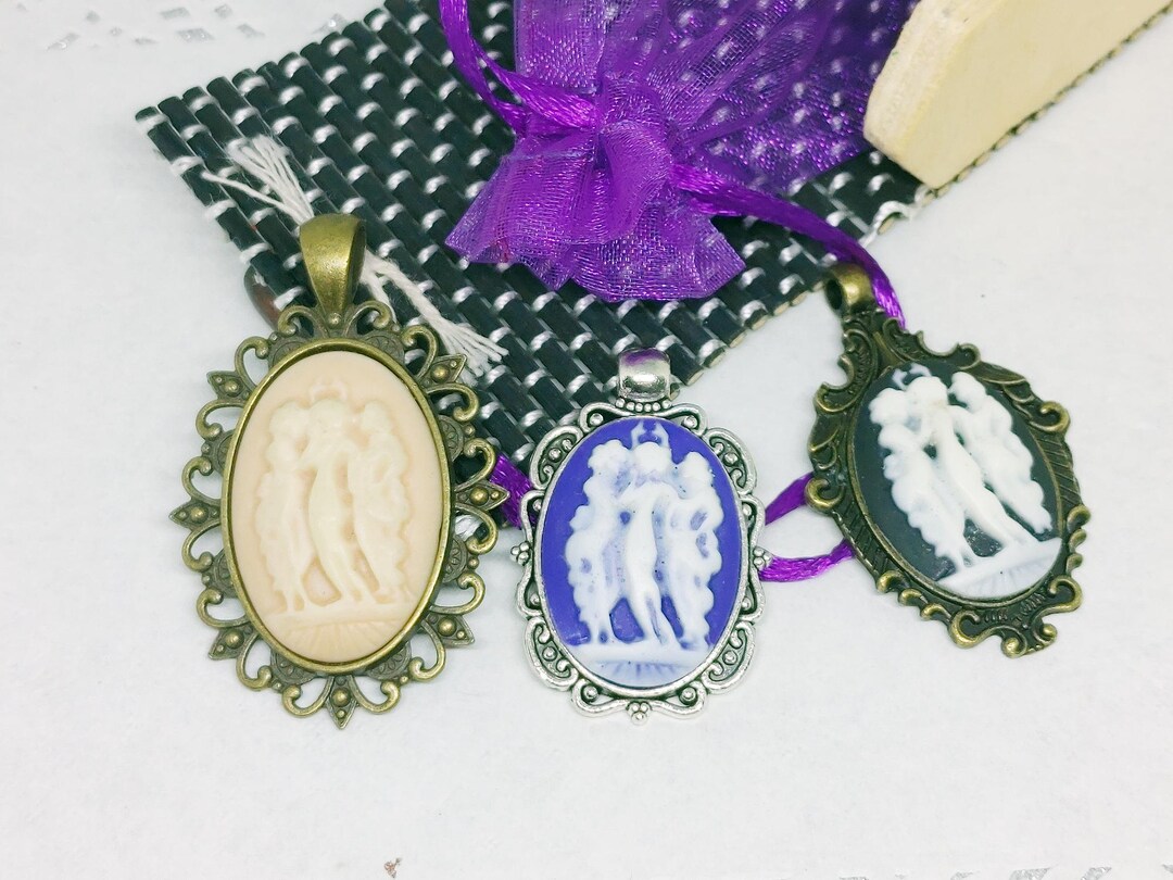 Three Graces Cameo - Small Oval Victorian Gothic Style Pendants, Blue ...