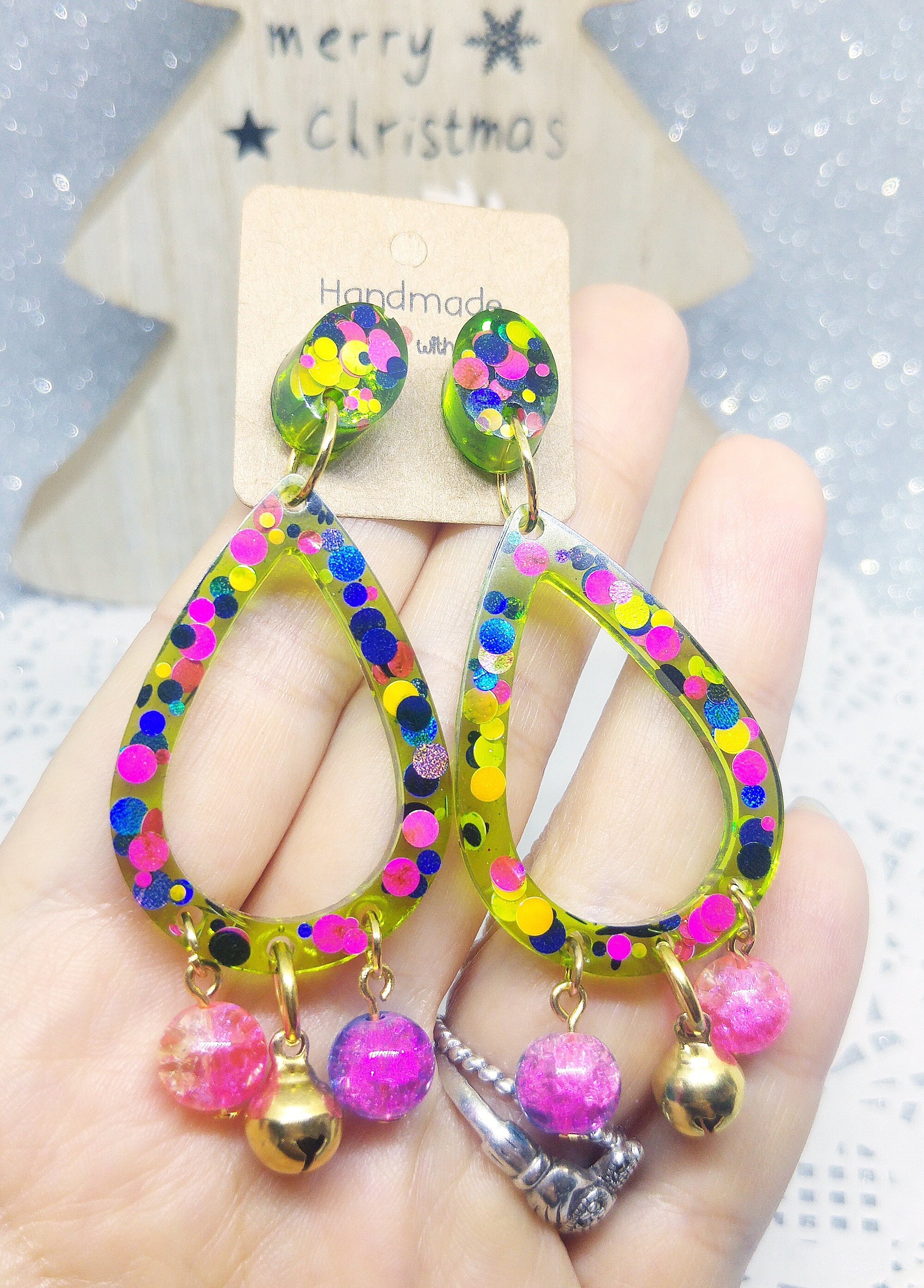 Green crystal resin Christmas earrings with rainbow glitters | Etsy