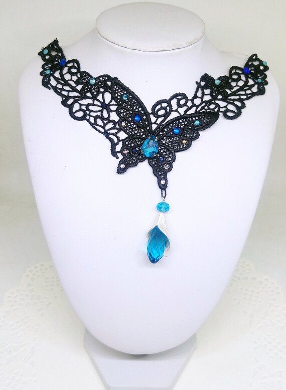 Butterfly Pattern Black Lace Collar Choker With Blue Crystal | Etsy